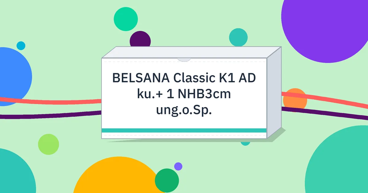 Symbolbild: Packung mit der Aufschrift BELSANA Classic K1 AD ku.+ 1 NHB3cm ung.o.Sp. (PZN 19254594) – Verfügbarkeit und Bezug in Apotheken in Frankfurt am Main