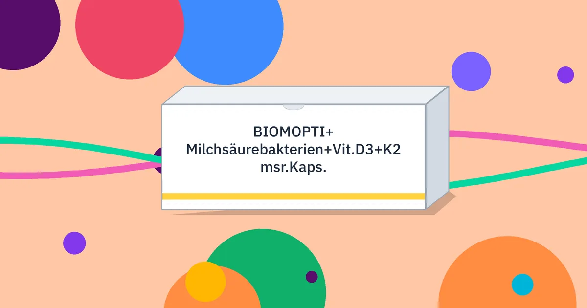 Symbolbild: Packung mit der Aufschrift BIOMOPTI+ Milchsäurebakterien+Vit.D3+K2 msr.Kaps. (PZN 19140465) – Verfügbarkeit und Bezug in Apotheken in Frankfurt am Main
