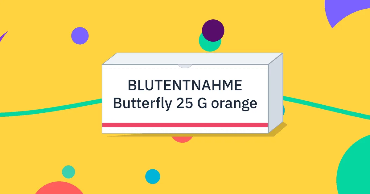 Symbolbild: Packung mit der Aufschrift BLUTENTNAHME Butterfly 25 G orange (PZN 09618948) – Verfügbarkeit und Bezug in Apotheken in Frankfurt am Main