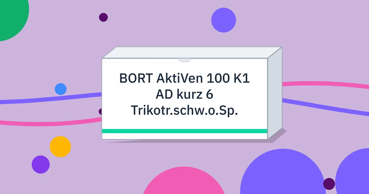 Symbolbild: Packung mit der Aufschrift BORT AktiVen 100 K1 AD kurz 6 Trikotr.schw.o.Sp. (PZN 14387008) – Verfügbarkeit und Bezug in Apotheken in Frankfurt am Main