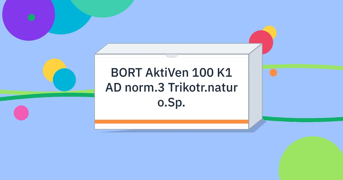 Symbolbild: Packung mit der Aufschrift BORT AktiVen 100 K1 AD norm.3 Trikotr.natur o.Sp. (PZN 13725963) – Verfügbarkeit und Bezug in Apotheken in Frankfurt am Main