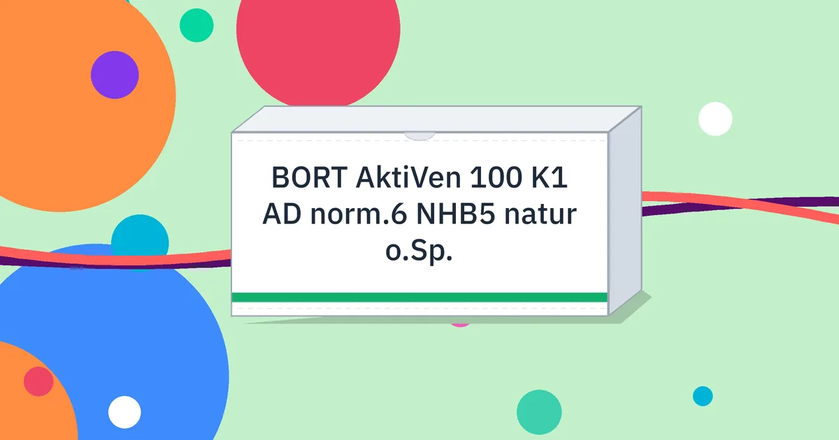 Symbolbild: Packung mit der Aufschrift BORT AktiVen 100 K1 AD norm.6 NHB5 natur o.Sp. (PZN 17493484) – Verfügbarkeit und Bezug in Apotheken in Frankfurt am Main