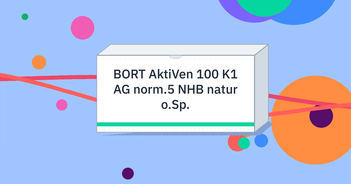 Symbolbild: Packung mit der Aufschrift BORT AktiVen 100 K1 AG norm.5 NHB natur o.Sp. (PZN 13729398) – Verfügbarkeit und Bezug in Apotheken in Frankfurt am Main