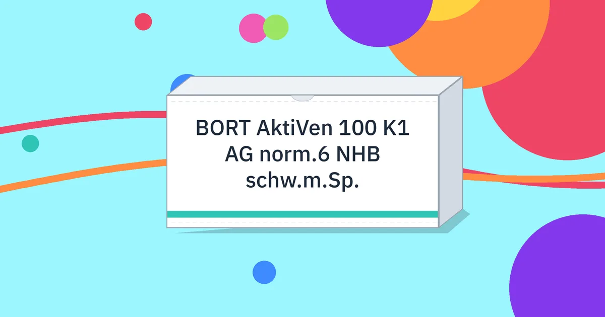 Symbolbild: Packung mit der Aufschrift BORT AktiVen 100 K1 AG norm.6 NHB schw.m.Sp. (PZN 14388278) – Verfügbarkeit und Bezug in Apotheken in Frankfurt am Main