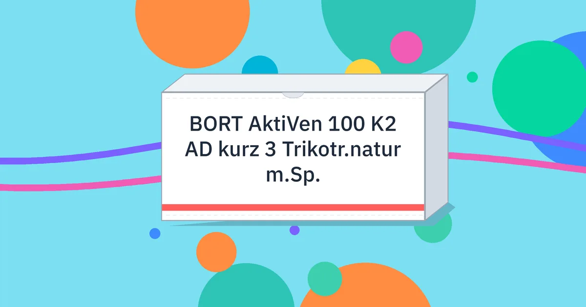 Symbolbild: Packung mit der Aufschrift BORT AktiVen 100 K2 AD kurz 3 Trikotr.natur m.Sp. (PZN 13726566) – Verfügbarkeit und Bezug in Apotheken in Frankfurt am Main