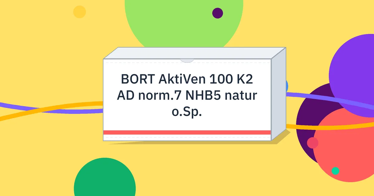 Symbolbild: Packung mit der Aufschrift BORT AktiVen 100 K2 AD norm.7 NHB5 natur o.Sp. (PZN 17493834) – Verfügbarkeit und Bezug in Apotheken in Frankfurt am Main