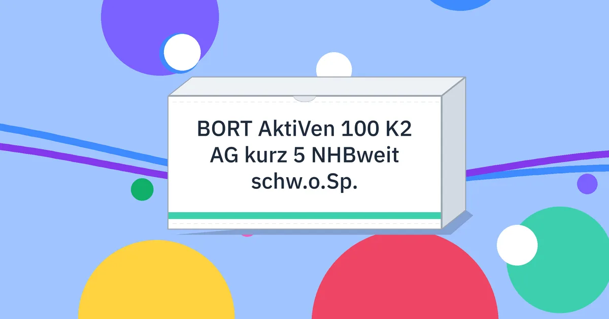 Symbolbild: Packung mit der Aufschrift BORT AktiVen 100 K2 AG kurz 5 NHBweit schw.o.Sp. (PZN 14387497) – Verfügbarkeit und Bezug in Apotheken in Frankfurt am Main