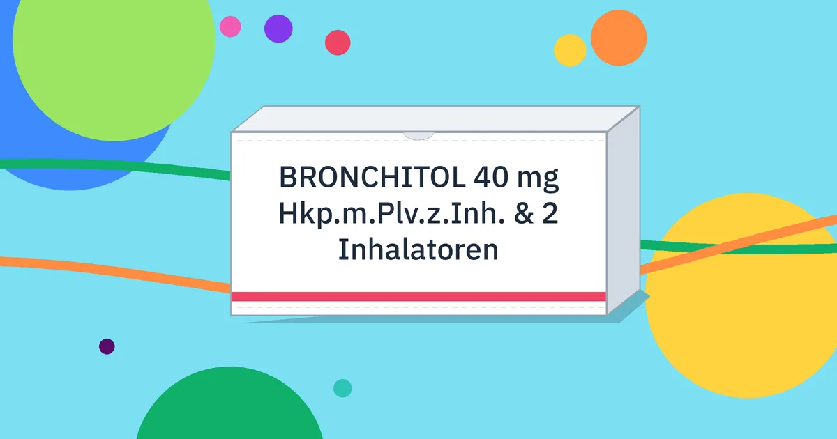 Symbolbild: Packung mit der Aufschrift BRONCHITOL 40 mg Hkp.m.Plv.z.Inh. & 2 Inhalatoren (PZN 12667815) – Verfügbarkeit und Bezug in Apotheken in Frankfurt am Main