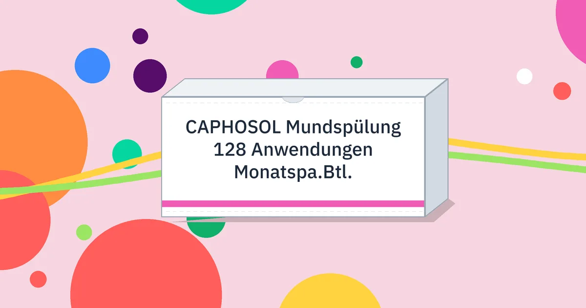 Symbolbild: Packung mit der Aufschrift CAPHOSOL Mundspülung 128 Anwendungen Monatspa.Btl. (PZN 19236188) – Verfügbarkeit und Bezug in Apotheken in Frankfurt am Main