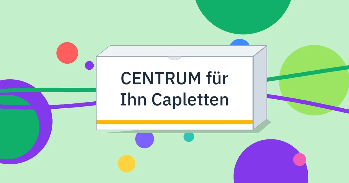 Symbolbild: Packung mit der Aufschrift CENTRUM für Ihn Capletten (PZN 09924680) – Verfügbarkeit und Bezug in Apotheken in Frankfurt am Main
