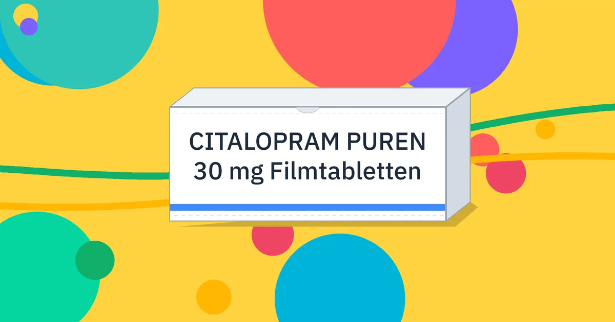 Symbolbild: Packung mit der Aufschrift CITALOPRAM PUREN 30 mg Filmtabletten (PZN 15616600) – Verfügbarkeit und Bezug in Apotheken in Frankfurt am Main