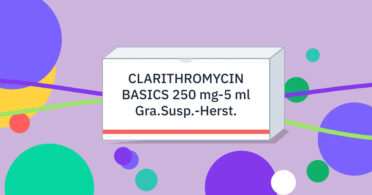 Symbolbild: Packung mit der Aufschrift CLARITHROMYCIN BASICS 250 mg-5 ml Gra.Susp.-Herst. (PZN 16045358) – Verfügbarkeit und Bezug in Apotheken in Frankfurt am Main