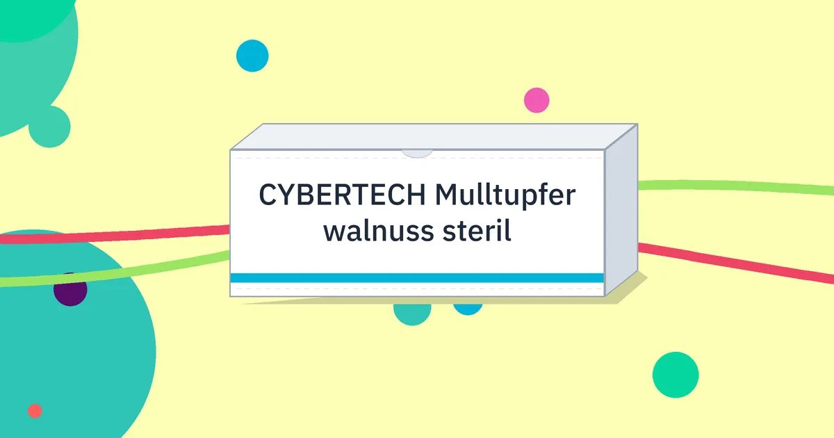 Symbolbild: Packung mit der Aufschrift CYBERTECH Mulltupfer walnuss steril (PZN 10221908) – Verfügbarkeit und Bezug in Apotheken in Frankfurt am Main