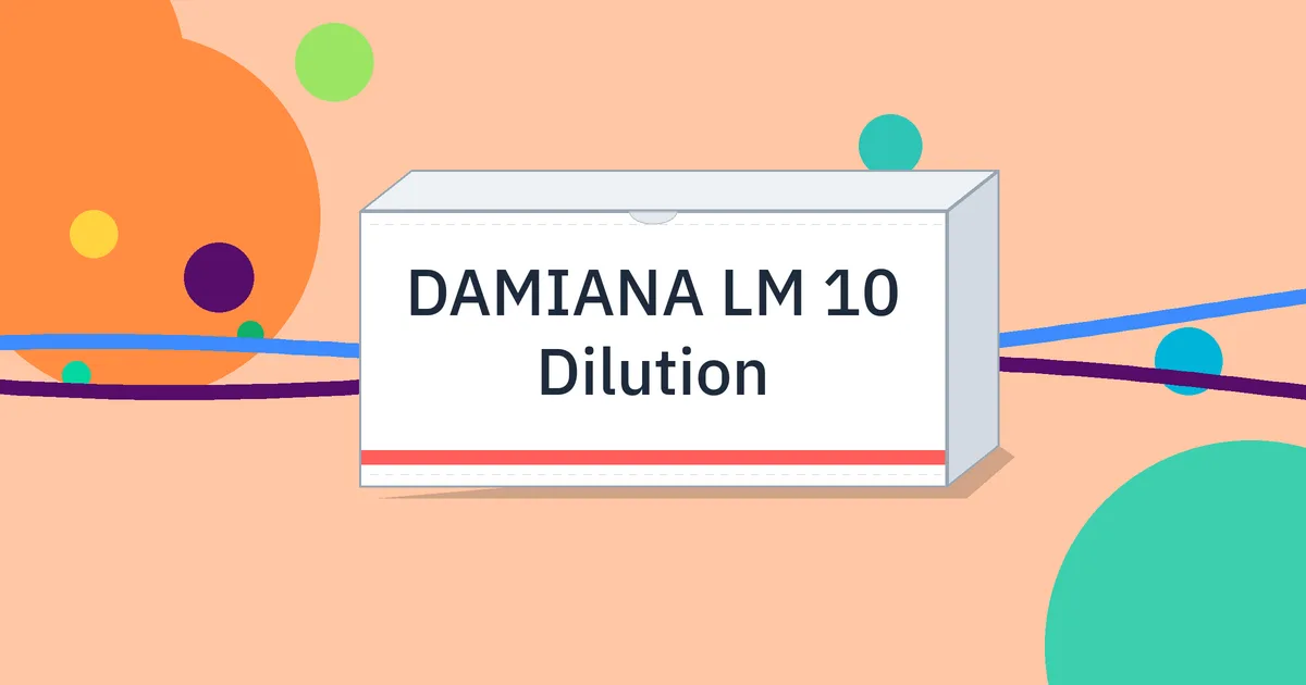Symbolbild: Packung mit der Aufschrift DAMIANA LM 10 Dilution (PZN 13460967) – Verfügbarkeit und Bezug in Apotheken in Frankfurt am Main