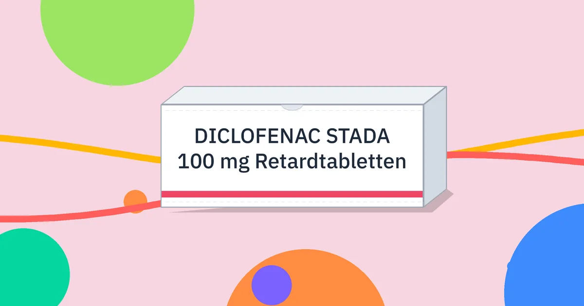 Symbolbild: Packung mit der Aufschrift DICLOFENAC STADA 100 mg Retardtabletten (PZN 03472188) – Verfügbarkeit und Bezug in Apotheken in Frankfurt am Main