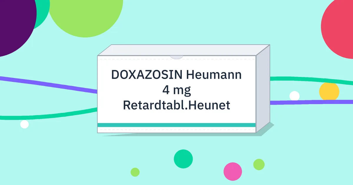 Symbolbild: Packung mit der Aufschrift DOXAZOSIN Heumann 4 mg Retardtabl.Heunet (PZN 05909904) – Verfügbarkeit und Bezug in Apotheken in Frankfurt am Main