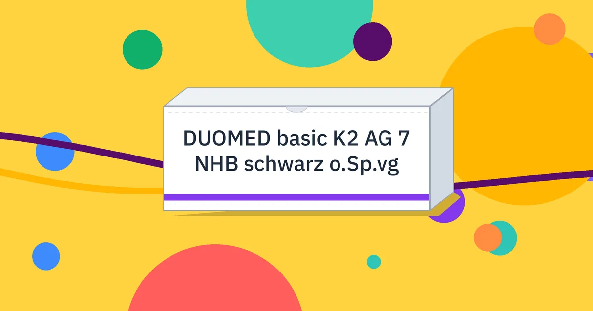 Symbolbild: Packung mit der Aufschrift DUOMED basic K2 AG 7 NHB schwarz o.Sp.vg (PZN 20908888) – Verfügbarkeit und Bezug in Apotheken in Frankfurt am Main