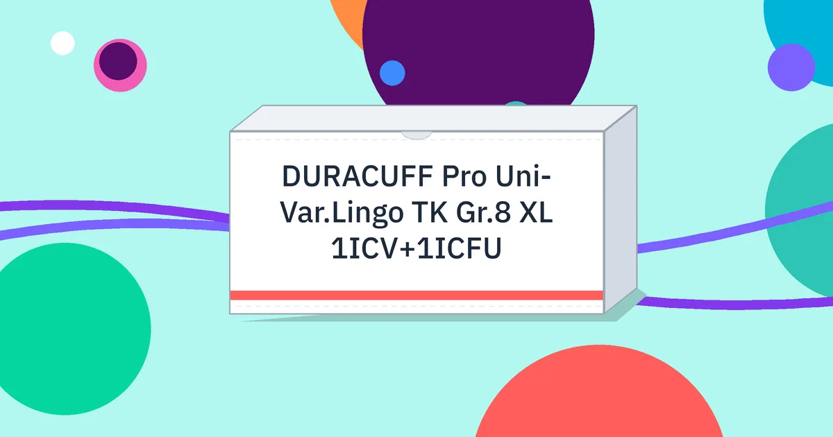 Symbolbild: Packung mit der Aufschrift DURACUFF Pro Uni-Var.Lingo TK Gr.8 XL 1ICV+1ICFU (PZN 19245827) – Verfügbarkeit und Bezug in Apotheken in Frankfurt am Main