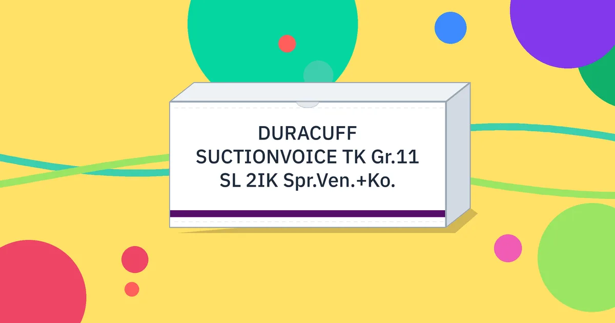 Symbolbild: Packung mit der Aufschrift DURACUFF SUCTIONVOICE TK Gr.11 SL 2IK Spr.Ven.+Ko. (PZN 04960139) – Verfügbarkeit und Bezug in Apotheken in Frankfurt am Main