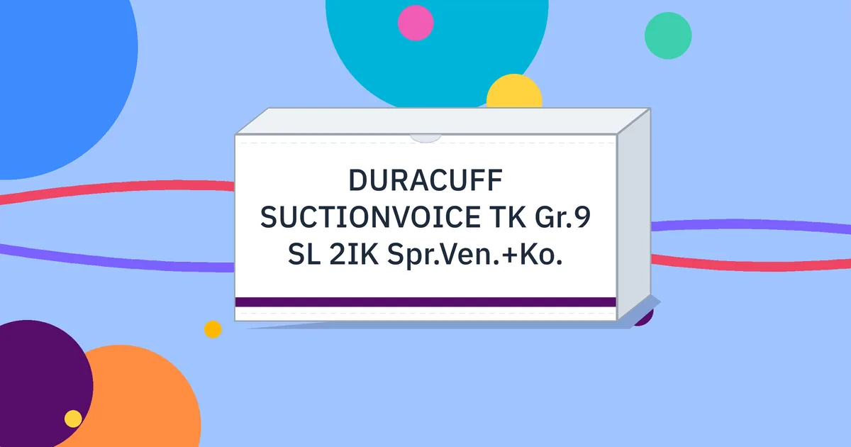 Symbolbild: Packung mit der Aufschrift DURACUFF SUCTIONVOICE TK Gr.9 SL 2IK Spr.Ven.+Ko. (PZN 04960079) – Verfügbarkeit und Bezug in Apotheken in Frankfurt am Main