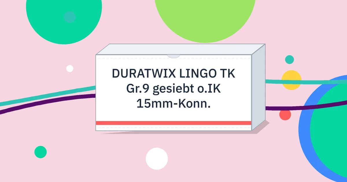 Symbolbild: Packung mit der Aufschrift DURATWIX LINGO TK Gr.9 gesiebt o.IK 15mm-Konn. (PZN 06971443) – Verfügbarkeit und Bezug in Apotheken in Frankfurt am Main