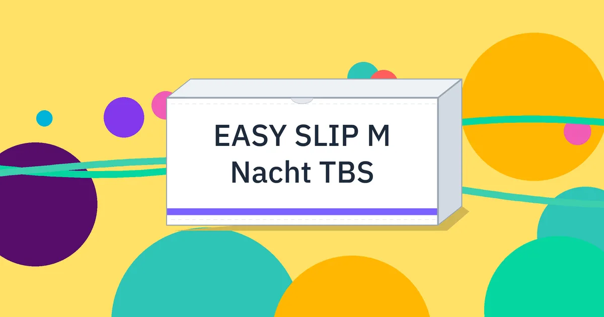 Symbolbild: Packung mit der Aufschrift EASY SLIP M Nacht TBS (PZN 19094630) – Verfügbarkeit und Bezug in Apotheken in Frankfurt am Main