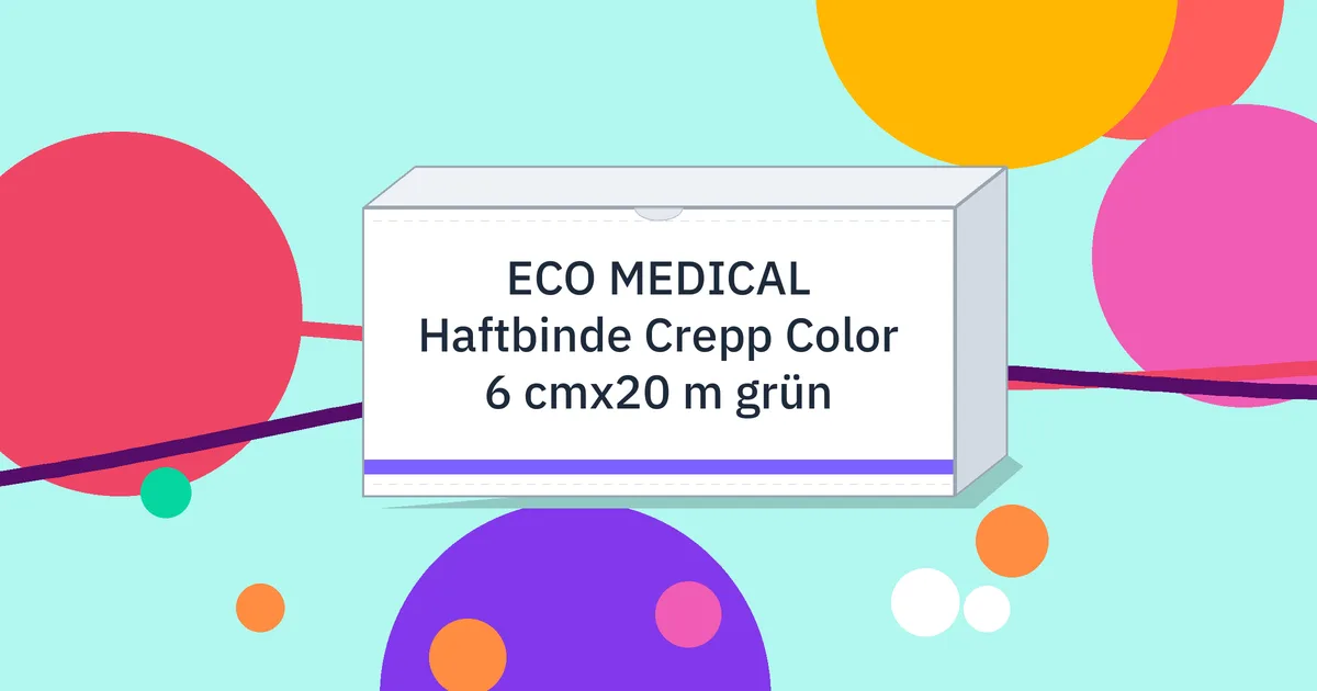 Symbolbild: Packung mit der Aufschrift ECO MEDICAL Haftbinde Crepp Color 6 cmx20 m grün (PZN 00732737) – Verfügbarkeit und Bezug in Apotheken in Frankfurt am Main