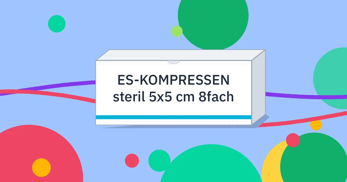 Symbolbild: Packung mit der Aufschrift ES-KOMPRESSEN steril 5x5 cm 8fach (PZN 18672929) – Verfügbarkeit und Bezug in Apotheken in Frankfurt am Main