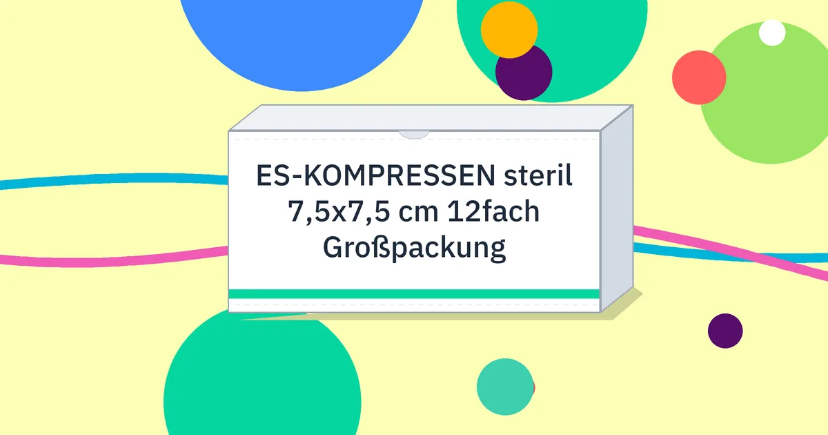 Symbolbild: Packung mit der Aufschrift ES-KOMPRESSEN steril 7,5x7,5 cm 12fach Großpackung (PZN 06453984) – Verfügbarkeit und Bezug in Apotheken in Frankfurt am Main
