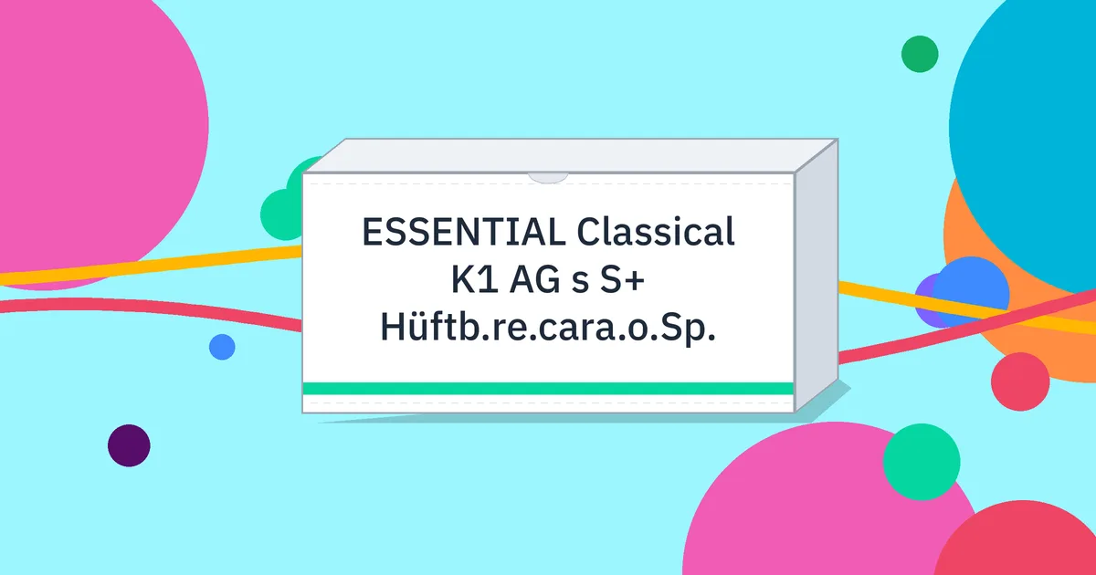 Symbolbild: Packung mit der Aufschrift ESSENTIAL Classical K1 AG s S+ Hüftb.re.cara.o.Sp. (PZN 17011746) – Verfügbarkeit und Bezug in Apotheken in Frankfurt am Main