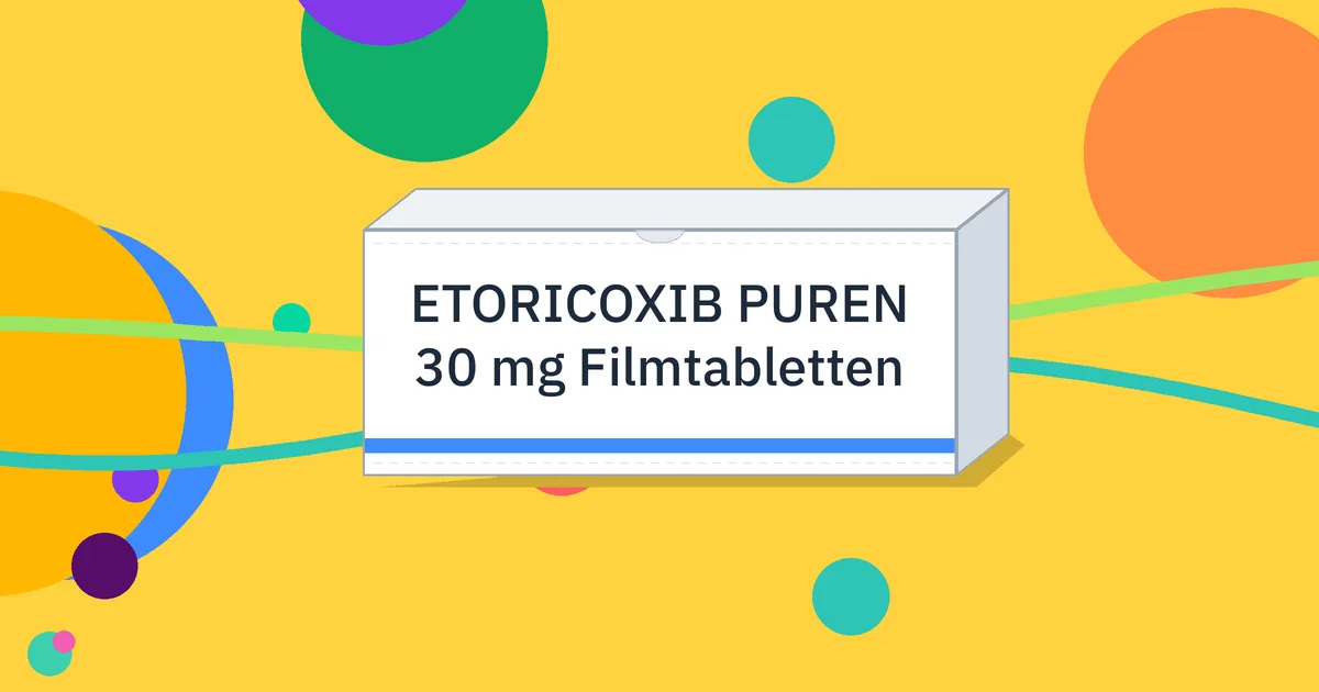 Symbolbild: Packung mit der Aufschrift ETORICOXIB PUREN 30 mg Filmtabletten (PZN 12361631) – Verfügbarkeit und Bezug in Apotheken in Frankfurt am Main