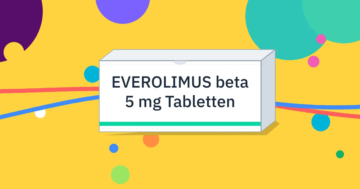 Symbolbild: Packung mit der Aufschrift EVEROLIMUS beta 5 mg Tabletten (PZN 14372389) – Verfügbarkeit und Bezug in Apotheken in Frankfurt am Main