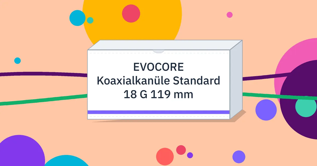 Symbolbild: Packung mit der Aufschrift EVOCORE Koaxialkanüle Standard 18 G 119 mm (PZN 11655690) – Verfügbarkeit und Bezug in Apotheken in Frankfurt am Main