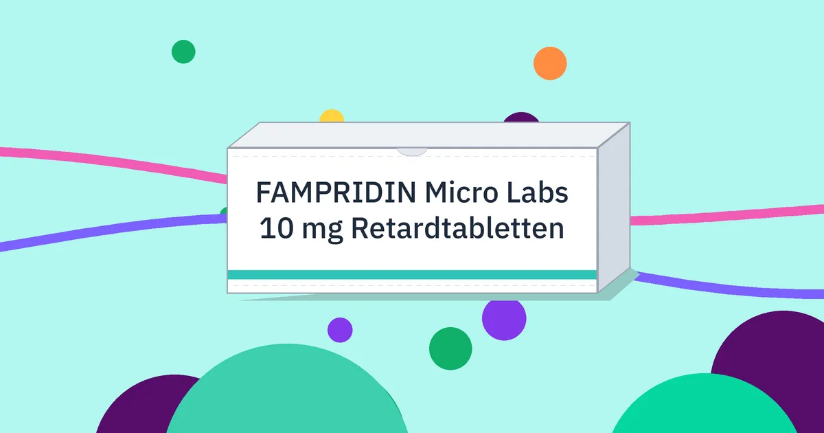 Symbolbild: Packung mit der Aufschrift FAMPRIDIN Micro Labs 10 mg Retardtabletten (PZN 18719370) – Verfügbarkeit und Bezug in Apotheken in Frankfurt am Main
