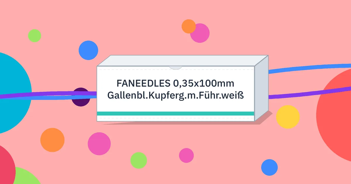Symbolbild: Packung mit der Aufschrift FANEEDLES 0,35x100mm Gallenbl.Kupferg.m.Führ.weiß (PZN 20044850) – Verfügbarkeit und Bezug in Apotheken in Frankfurt am Main