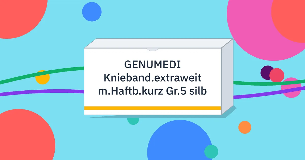 Symbolbild: Packung mit der Aufschrift GENUMEDI Knieband.extraweit m.Haftb.kurz Gr.5 silb (PZN 19886242) – Verfügbarkeit und Bezug in Apotheken in Frankfurt am Main