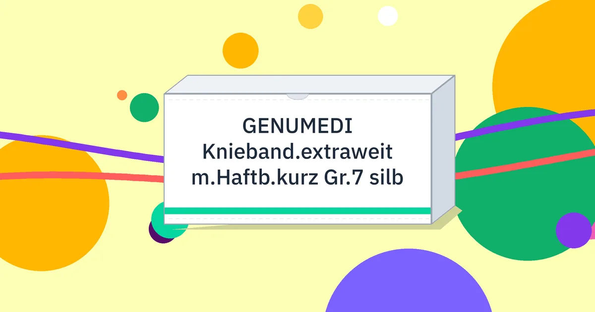 Symbolbild: Packung mit der Aufschrift GENUMEDI Knieband.extraweit m.Haftb.kurz Gr.7 silb (PZN 19886265) – Verfügbarkeit und Bezug in Apotheken in Frankfurt am Main