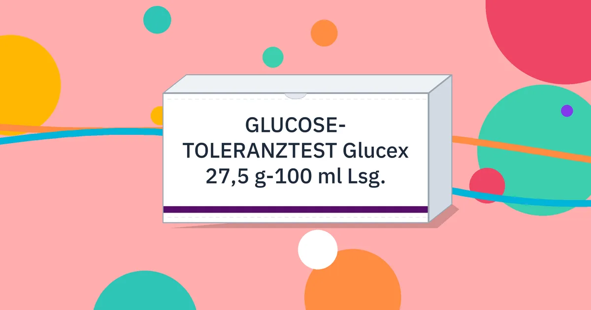 Symbolbild: Packung mit der Aufschrift GLUCOSE-TOLERANZTEST Glucex 27,5 g-100 ml Lsg. (PZN 18827533) – Verfügbarkeit und Bezug in Apotheken in Frankfurt am Main