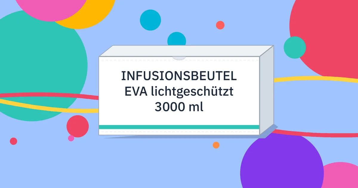 Symbolbild: Packung mit der Aufschrift INFUSIONSBEUTEL EVA lichtgeschützt 3000 ml (PZN 15239385) – Verfügbarkeit und Bezug in Apotheken in Frankfurt am Main