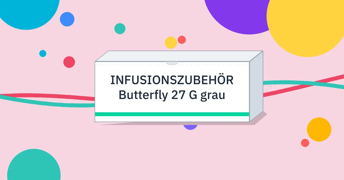 Symbolbild: Packung mit der Aufschrift INFUSIONSZUBEHÖR Butterfly 27 G grau (PZN 09630234) – Verfügbarkeit und Bezug in Apotheken in Frankfurt am Main