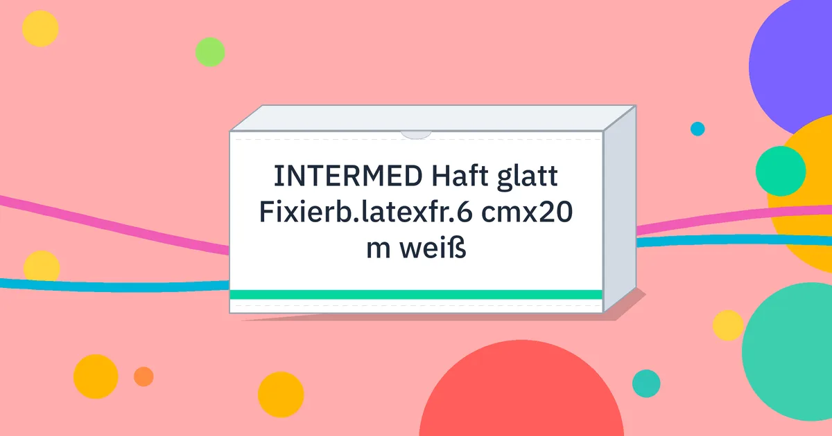 Symbolbild: Packung mit der Aufschrift INTERMED Haft glatt Fixierb.latexfr.6 cmx20 m weiß (PZN 10944297) – Verfügbarkeit und Bezug in Apotheken in Frankfurt am Main