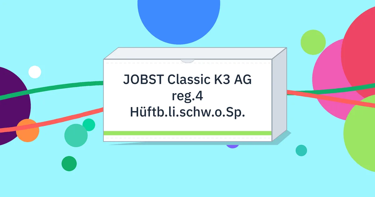 Symbolbild: Packung mit der Aufschrift JOBST Classic K3 AG reg.4 Hüftb.li.schw.o.Sp. (PZN 13075726) – Verfügbarkeit und Bezug in Apotheken in Frankfurt am Main