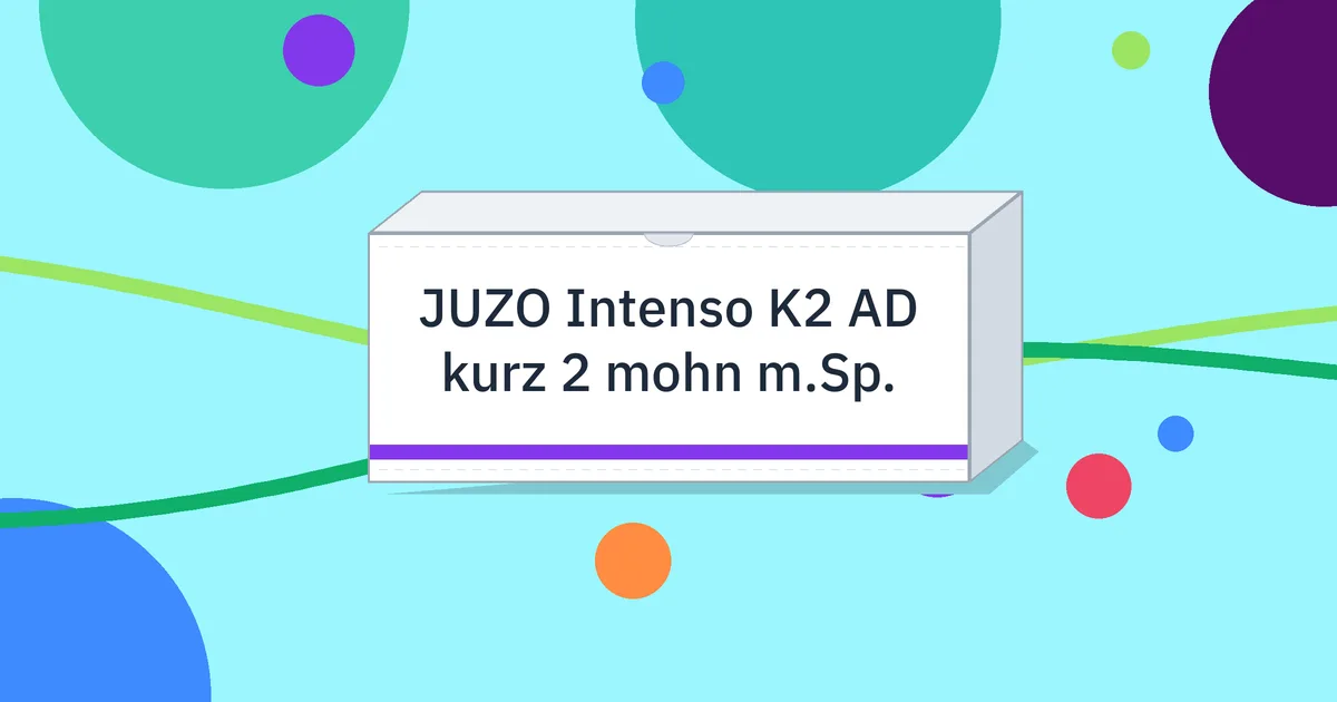 Symbolbild: Packung mit der Aufschrift JUZO Intenso K2 AD kurz 2 mohn m.Sp. (PZN 18607636) – Verfügbarkeit und Bezug in Apotheken in Frankfurt am Main