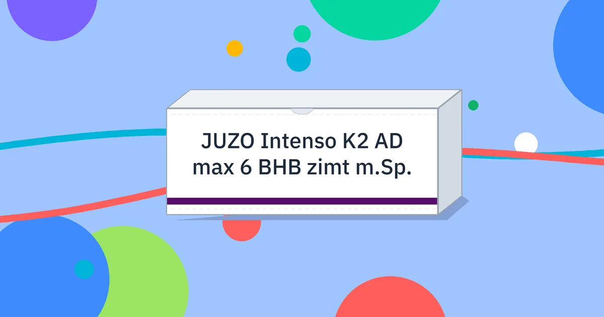 Symbolbild: Packung mit der Aufschrift JUZO Intenso K2 AD max 6 BHB zimt m.Sp. (PZN 18616227) – Verfügbarkeit und Bezug in Apotheken in Frankfurt am Main