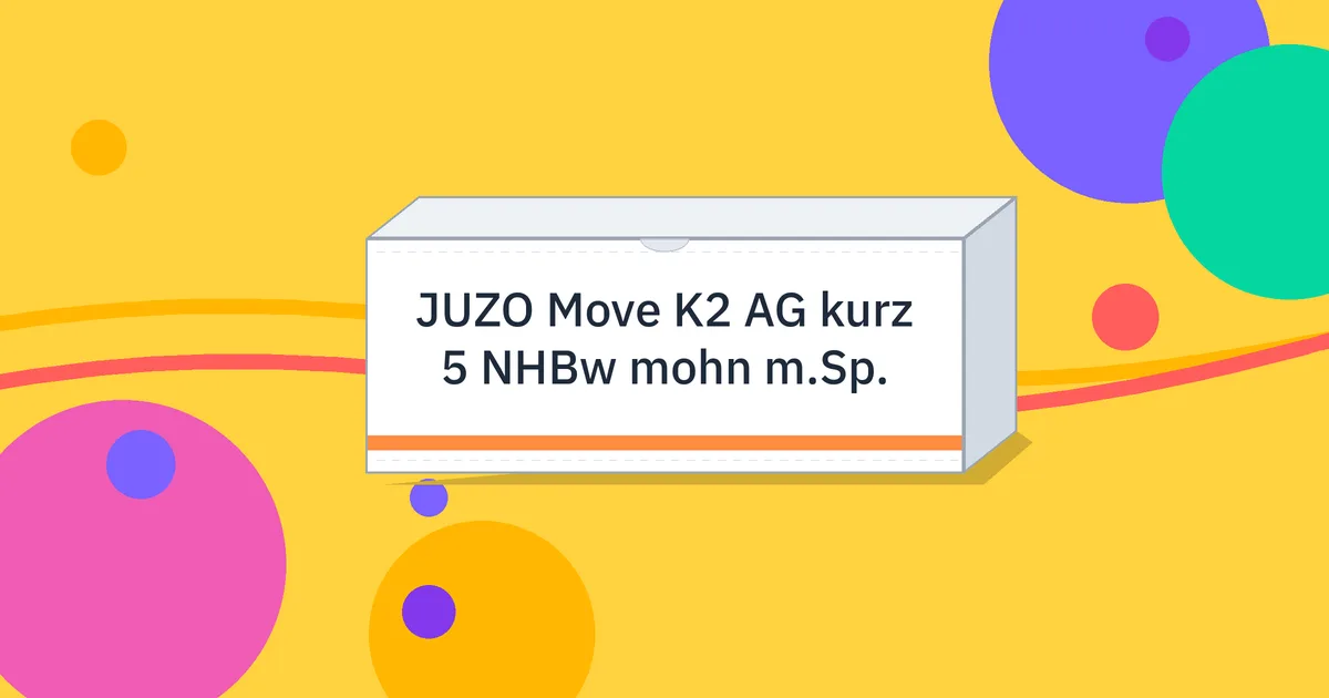 Symbolbild: Packung mit der Aufschrift JUZO Move K2 AG kurz 5 NHBw mohn m.Sp. (PZN 18558719) – Verfügbarkeit und Bezug in Apotheken in Frankfurt am Main
