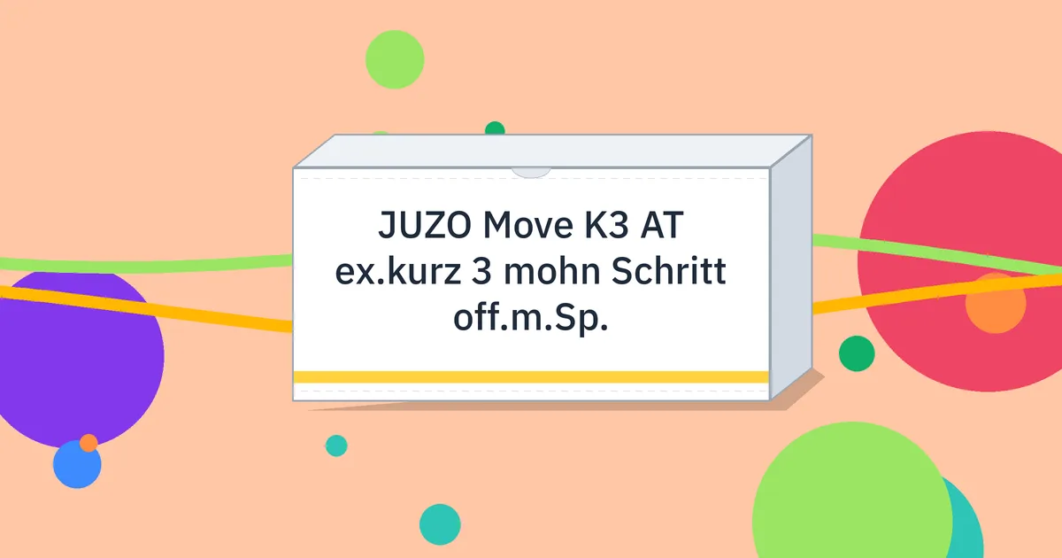 Symbolbild: Packung mit der Aufschrift JUZO Move K3 AT ex.kurz 3 mohn Schritt off.m.Sp. (PZN 20680758) – Verfügbarkeit und Bezug in Apotheken in Frankfurt am Main