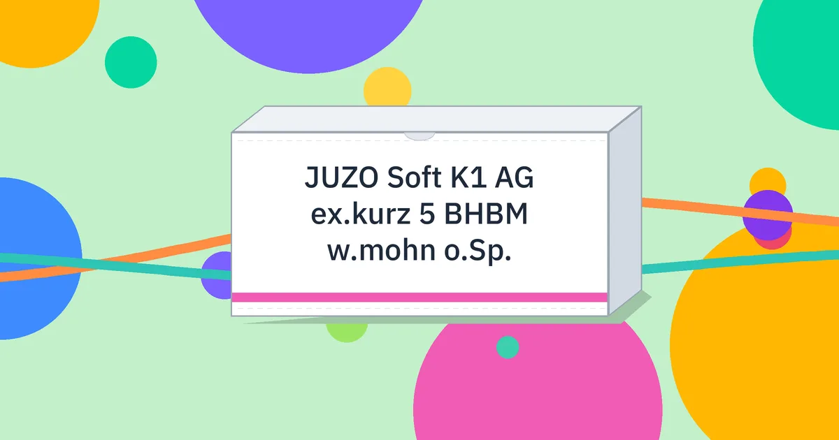 Symbolbild: Packung mit der Aufschrift JUZO Soft K1 AG ex.kurz 5 BHBM w.mohn o.Sp. (PZN 14866482) – Verfügbarkeit und Bezug in Apotheken in Frankfurt am Main