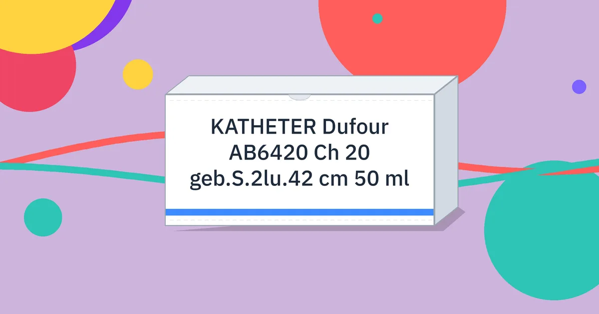 Symbolbild: Packung mit der Aufschrift KATHETER Dufour AB6420 Ch 20 geb.S.2lu.42 cm 50 ml (PZN 00152968) – Verfügbarkeit und Bezug in Apotheken in Frankfurt am Main