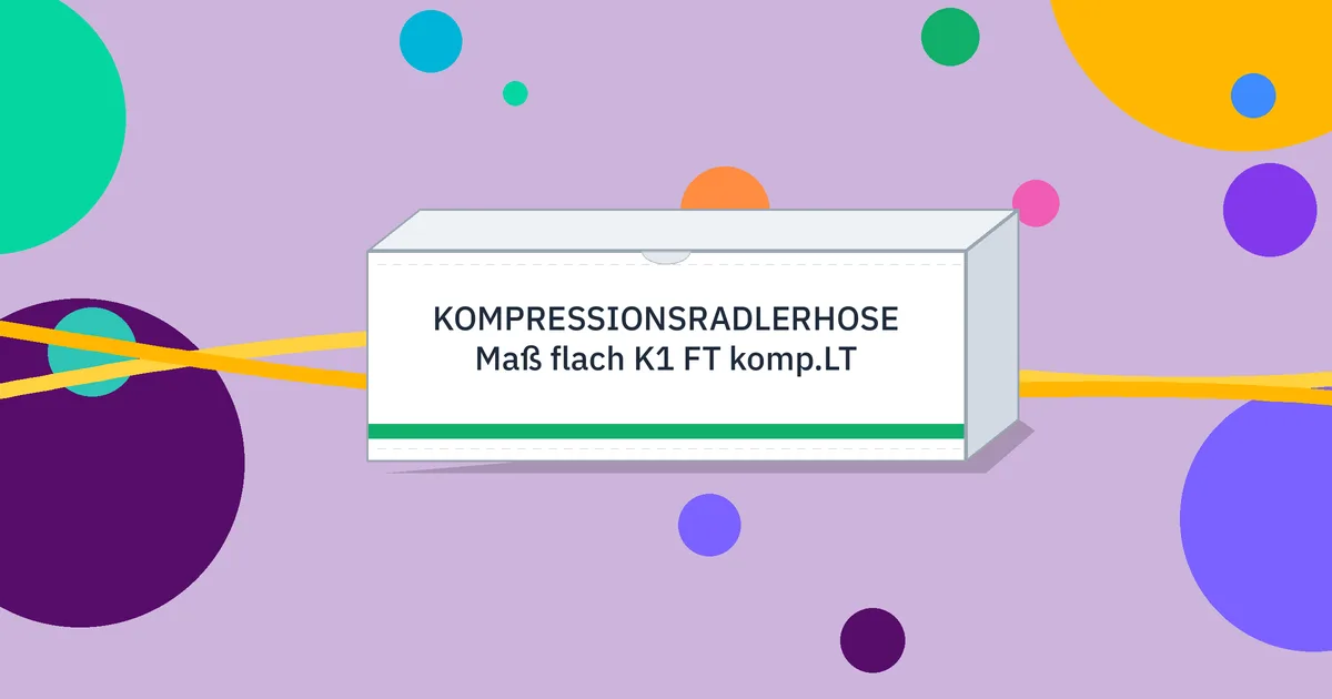 Symbolbild: Packung mit der Aufschrift KOMPRESSIONSRADLERHOSE Maß flach K1 FT komp.LT (PZN 19997958) – Verfügbarkeit und Bezug in Apotheken in Frankfurt am Main
