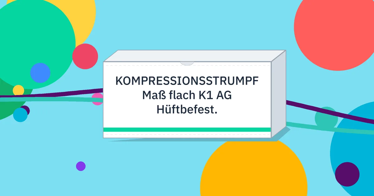Symbolbild: Packung mit der Aufschrift KOMPRESSIONSSTRUMPF Maß flach K1 AG Hüftbefest. (PZN 16745400) – Verfügbarkeit und Bezug in Apotheken in Frankfurt am Main